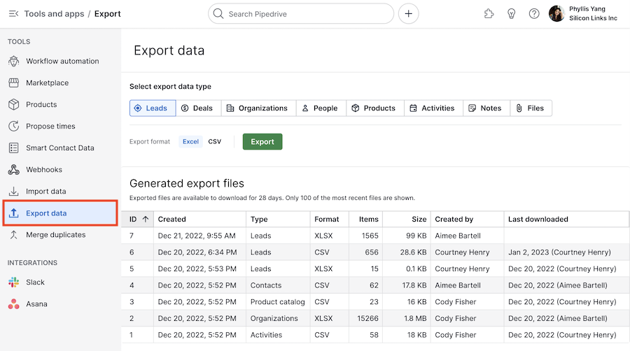 Exporting data from Pipedrive - Knowledge Base | Pipedrive